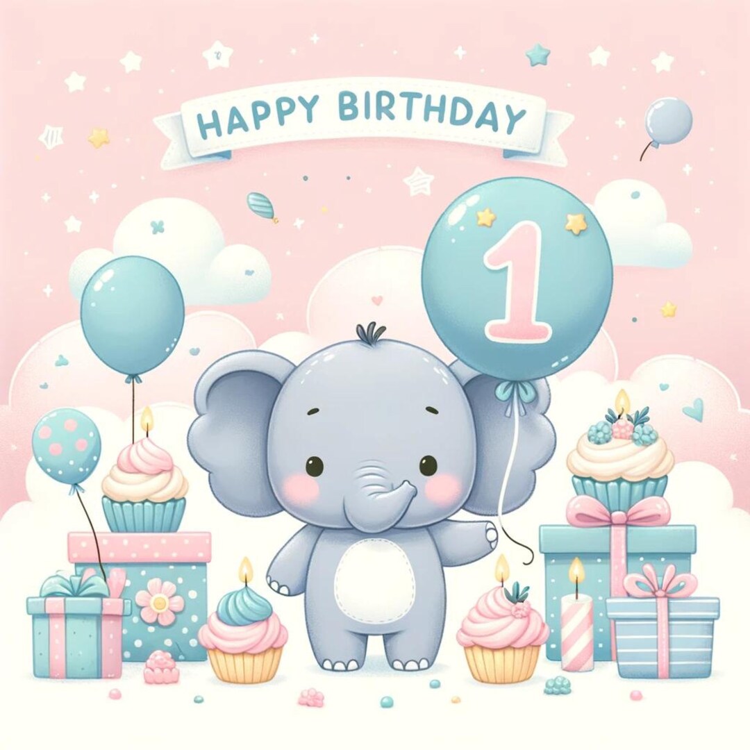 Cute Elephant First Birthday Digital Art, Pink Pastel Decor, Kids ...