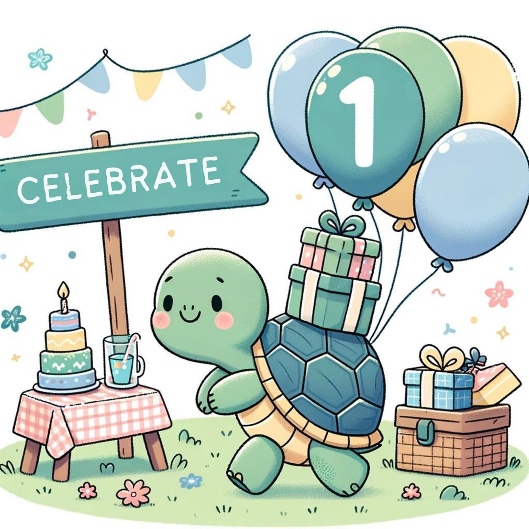 Cute Turtle Birthday Party Illustration, Digital Download, First ...