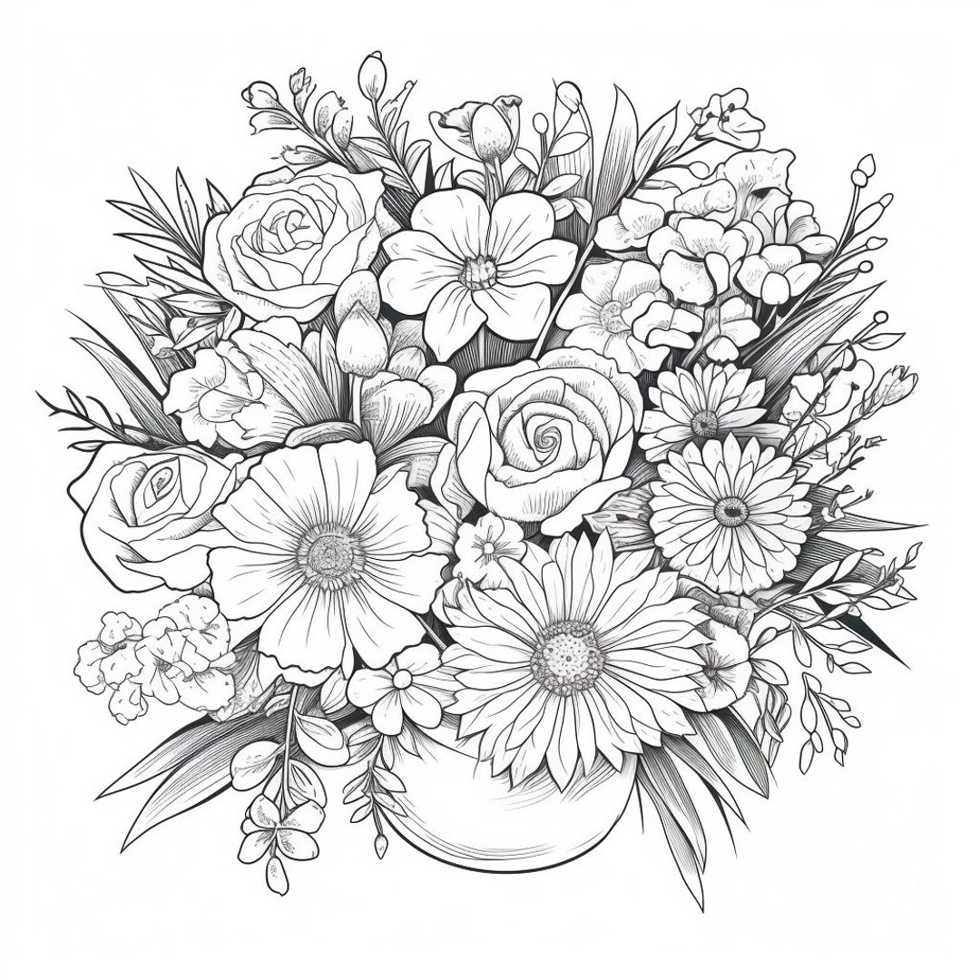 55 Flower Bouquet Colouring Pages Extra Free Pages Included - Etsy