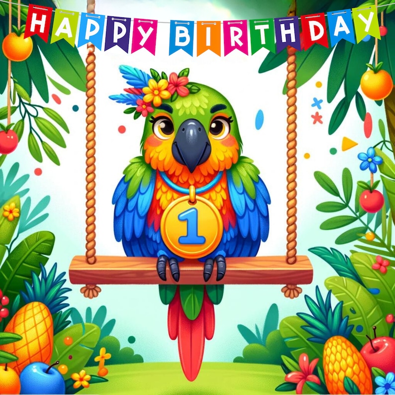 Colorful Parrot Happy Birthday Card, First Birthday Digital Download ...