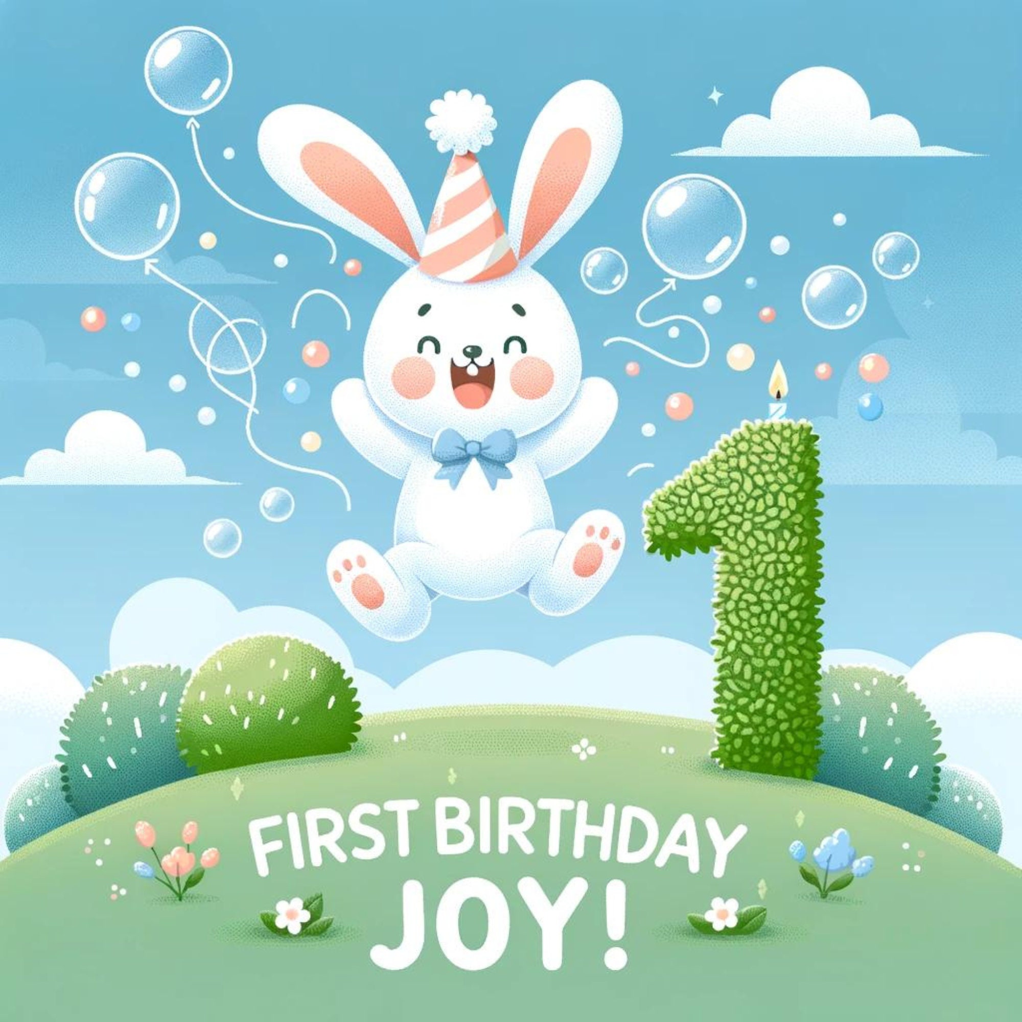 Bunny First Birthday Digital Art, Blue Sky Balloons, Cute Rabbit ...
