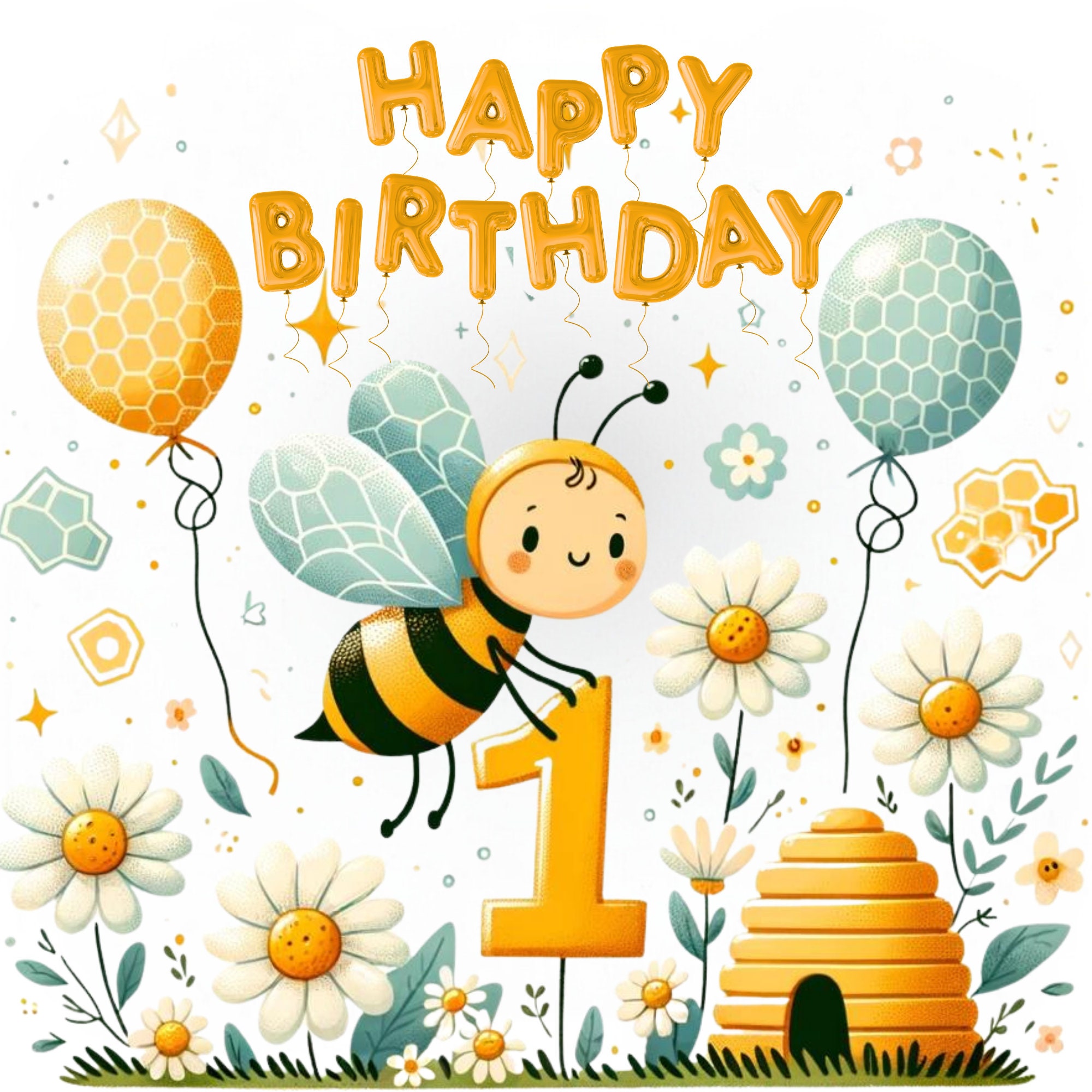 Happy Birthday Digital Print, Bee and Flowers Theme, First Birthday ...