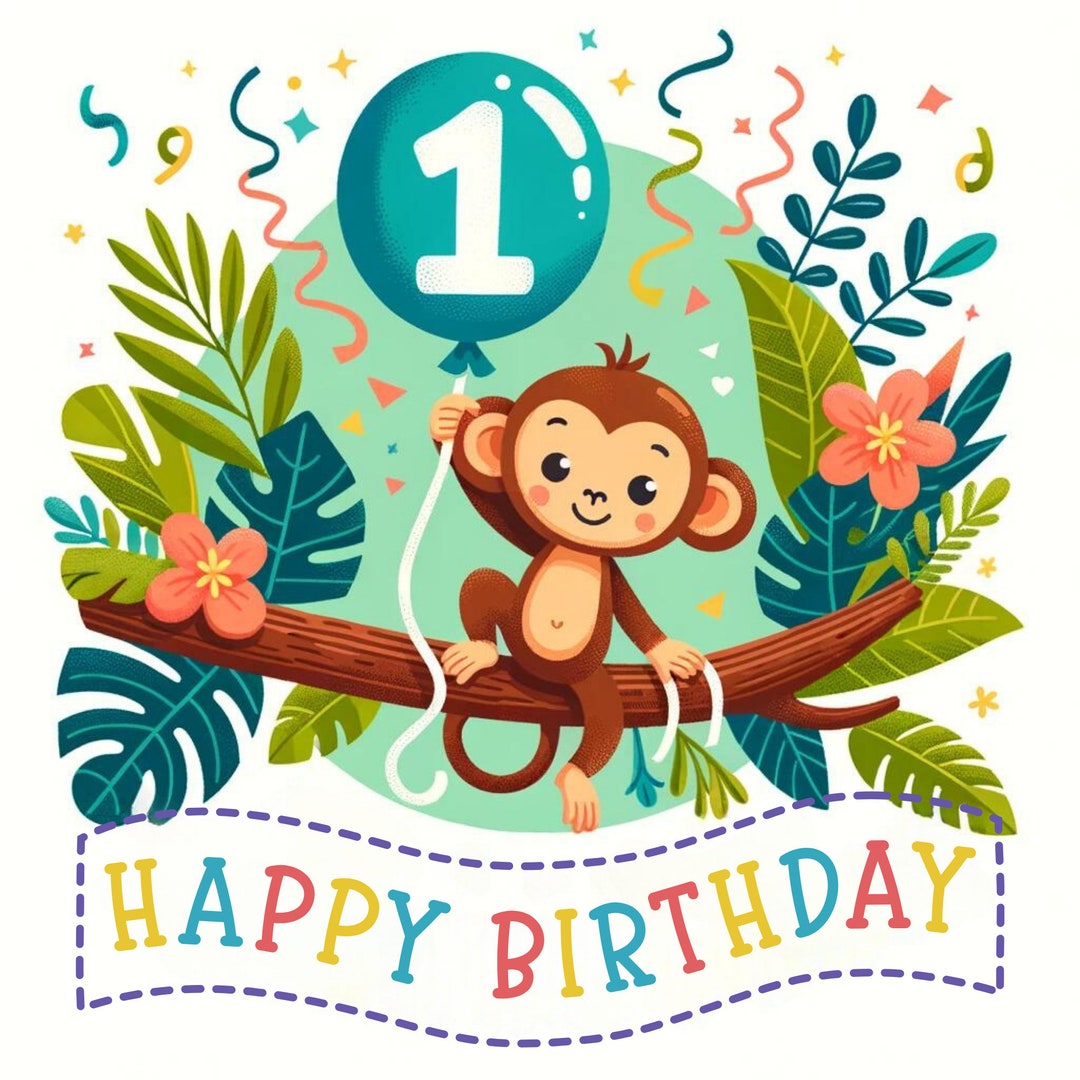 Monkey Themed First Birthday Digital Invitation - Happy Birthday Jungle ...