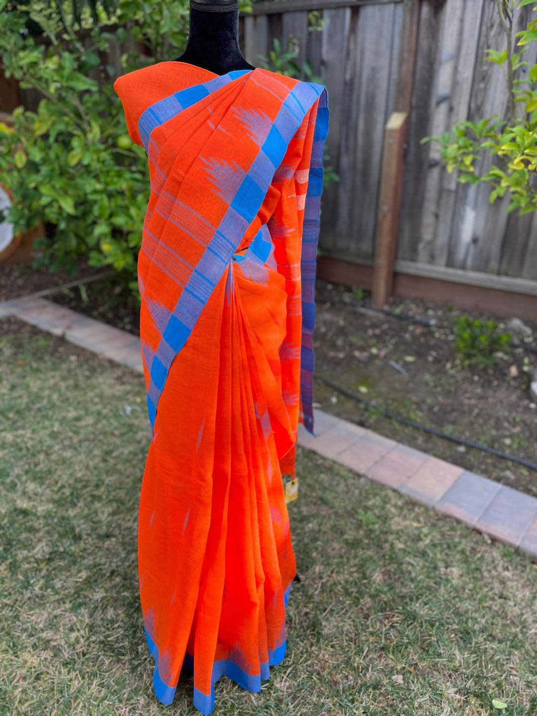 Handloom Monipuri Cotton Saree | Orange With Blue Border - Etsy