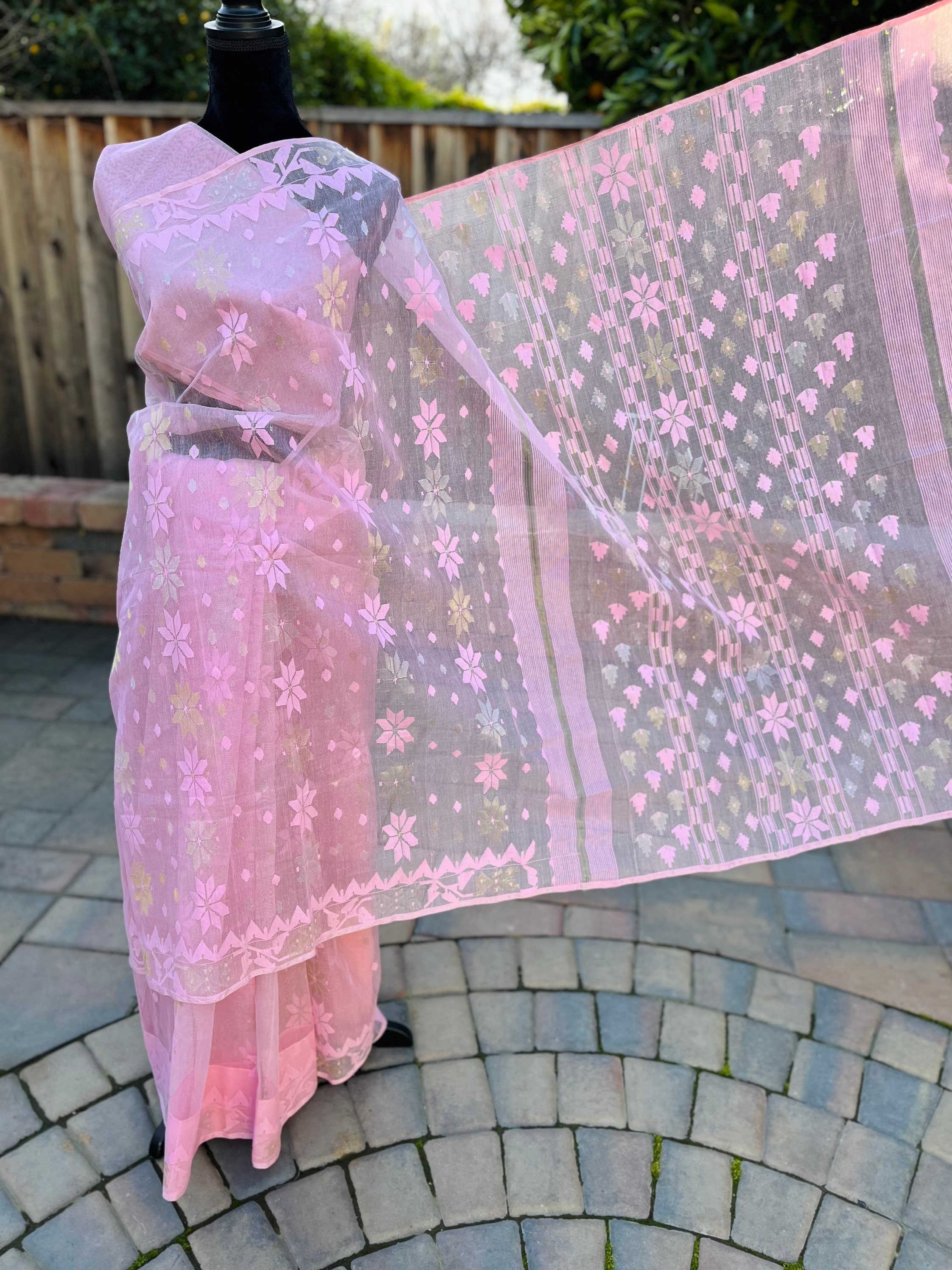 Handwoven Half Silk Dhakai Jamdani Saree | Baby Pink, Golden Zari - Etsy