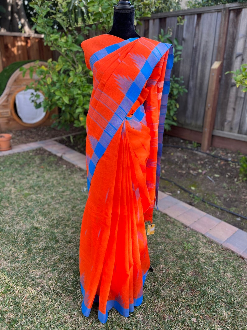 Handloom Monipuri Cotton Saree | Orange With Blue Border - Etsy