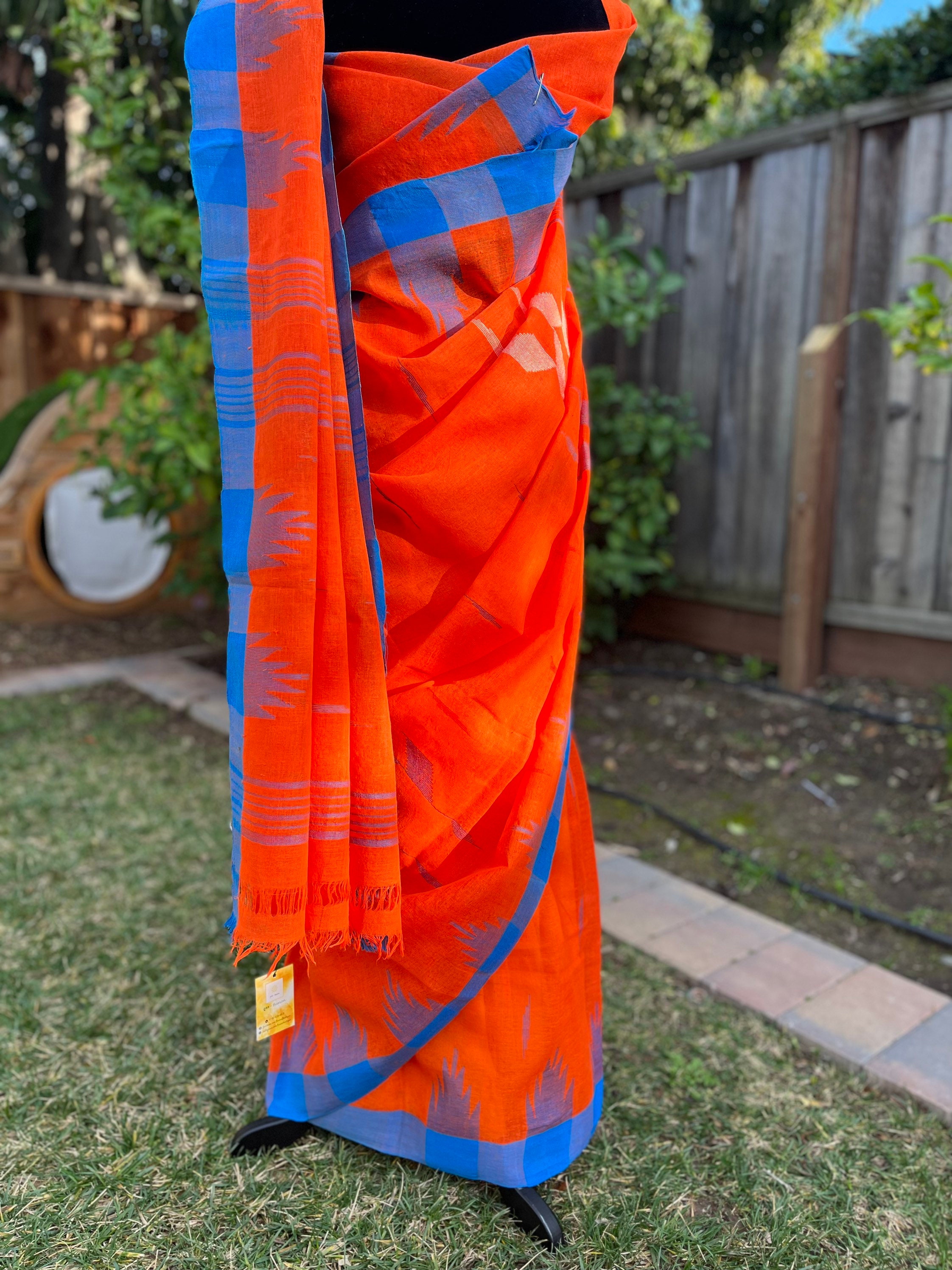 Handloom Monipuri Cotton Saree | Orange With Blue Border - Etsy