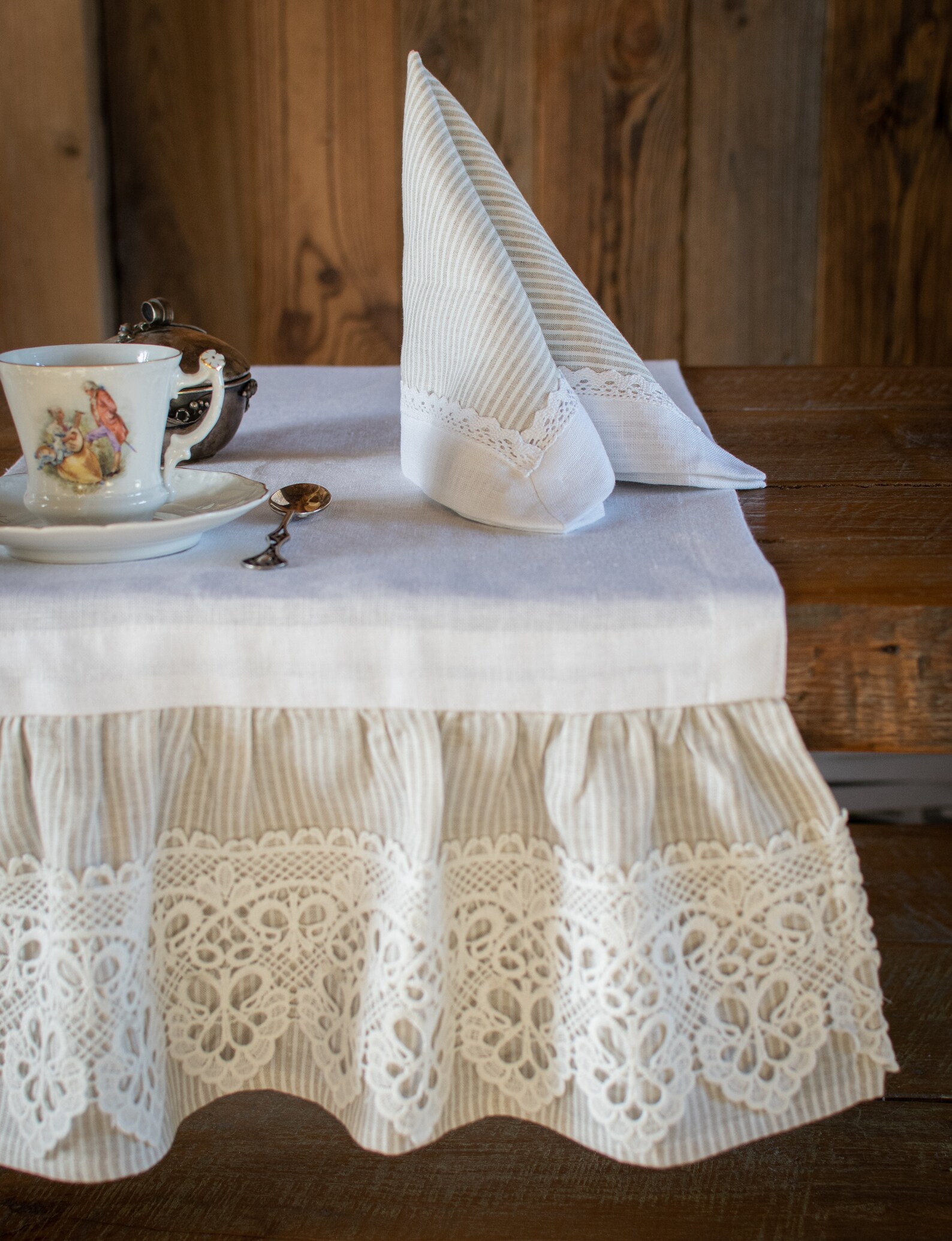 Romantic White Linen Table Runner With Ruffle and Wide Lace. - Etsy