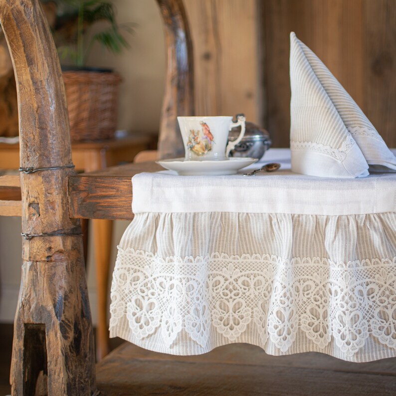 Romantic White Linen Table Runner With Ruffle and Wide Lace. - Etsy