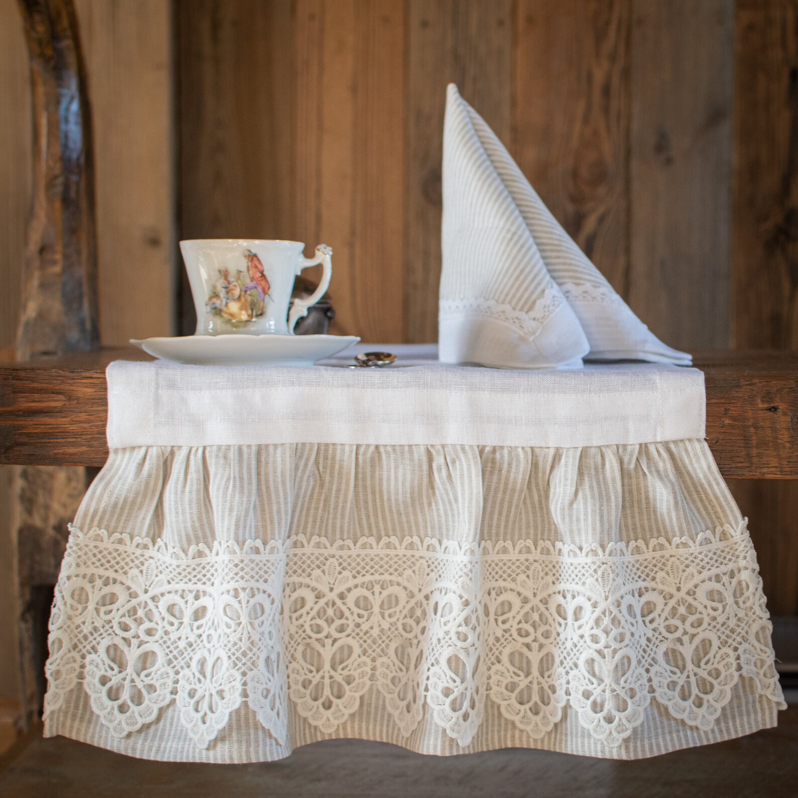 Romantic White Linen Table Runner With Ruffle and Wide Lace. - Etsy