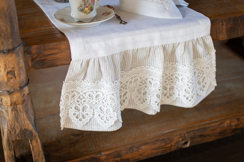 Romantic White Linen Table Runner With Ruffle and Wide Lace. - Etsy