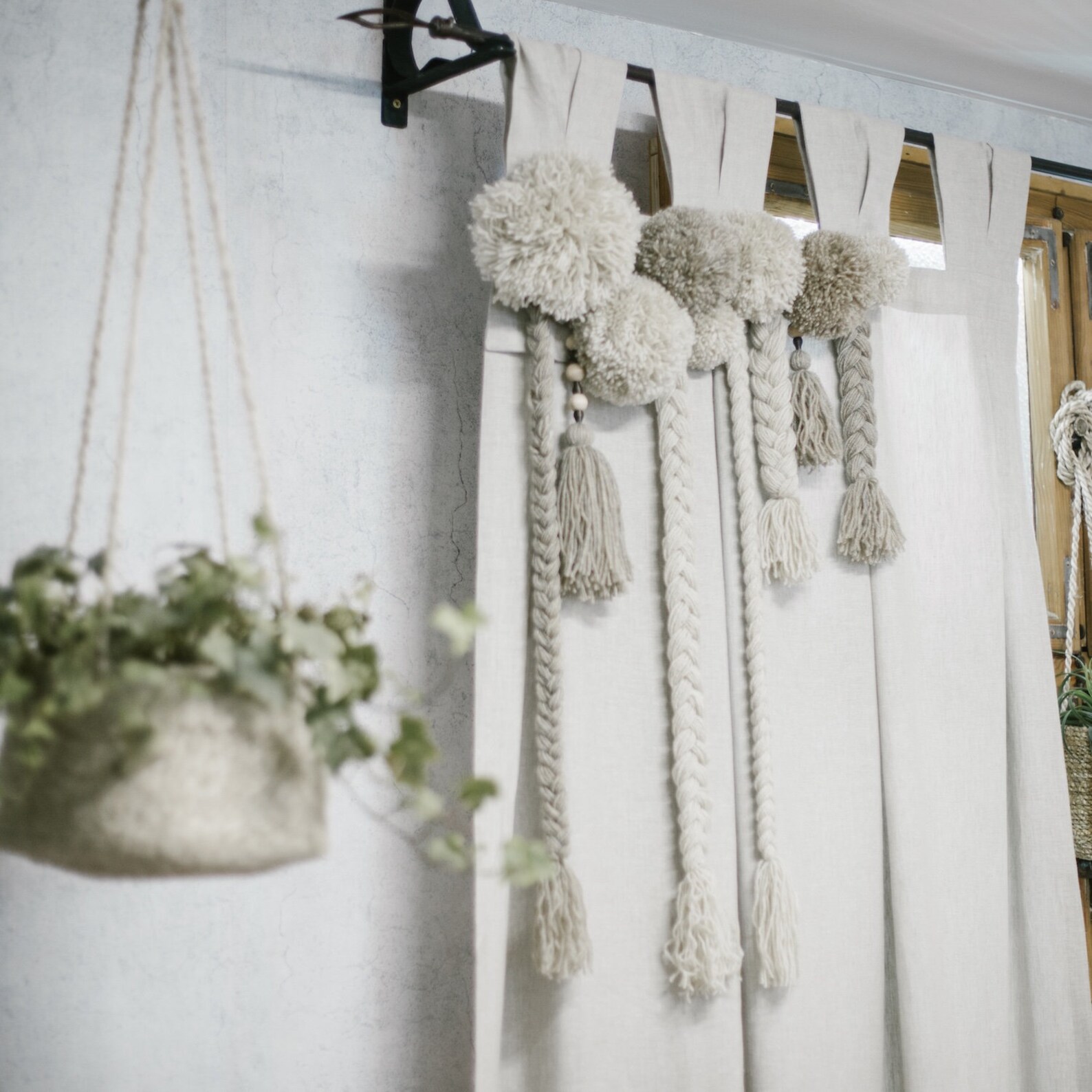Pompom Curtain, Linen Curtain,macrame Curtain, Pompoms, Boho Chic ...