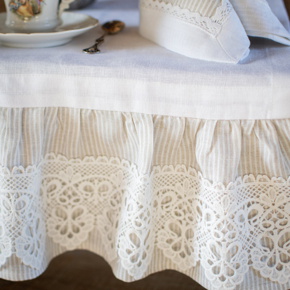 Romantic White Linen Table Runner With Ruffle and Wide Lace. - Etsy