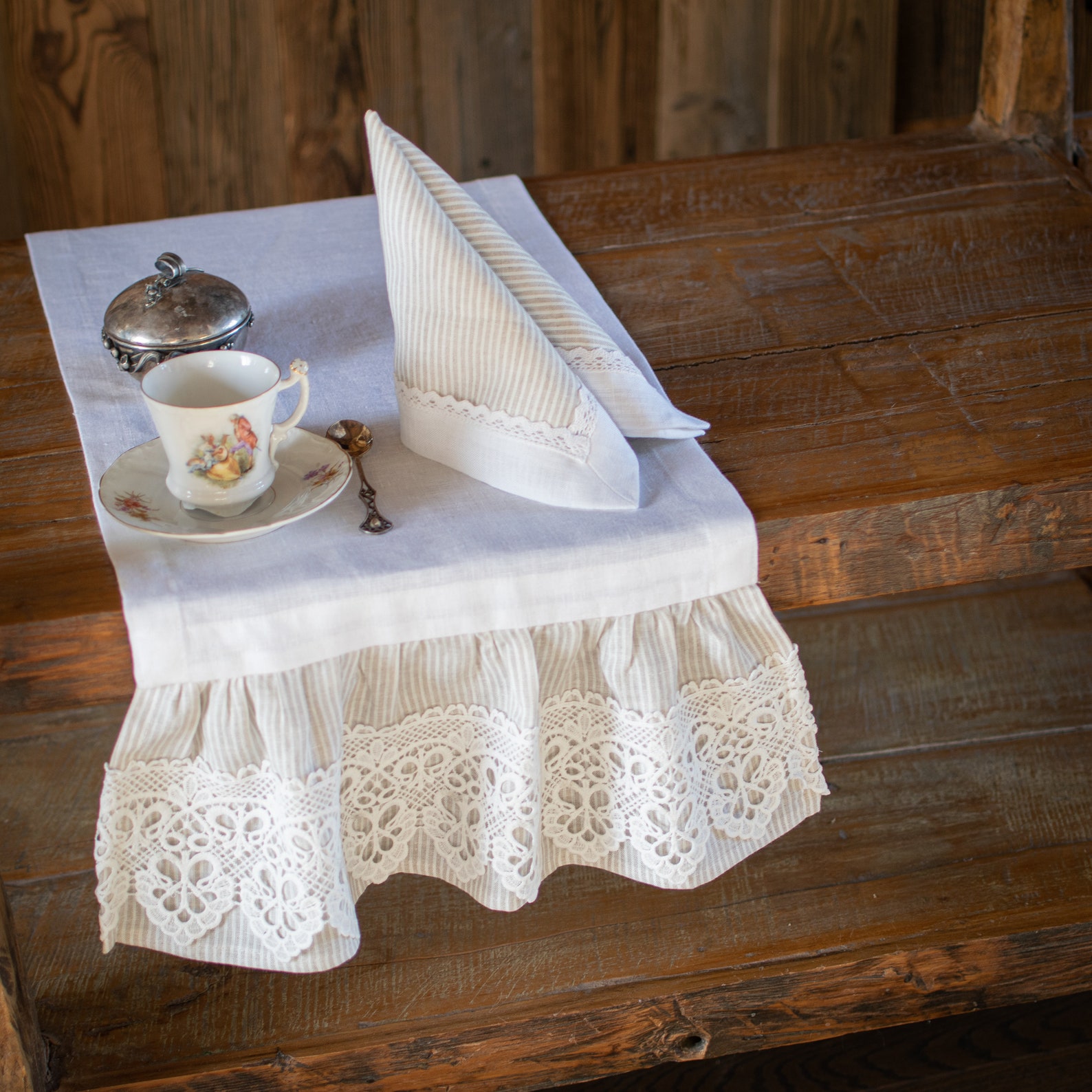 Romantic White Linen Table Runner With Ruffle and Wide Lace. - Etsy