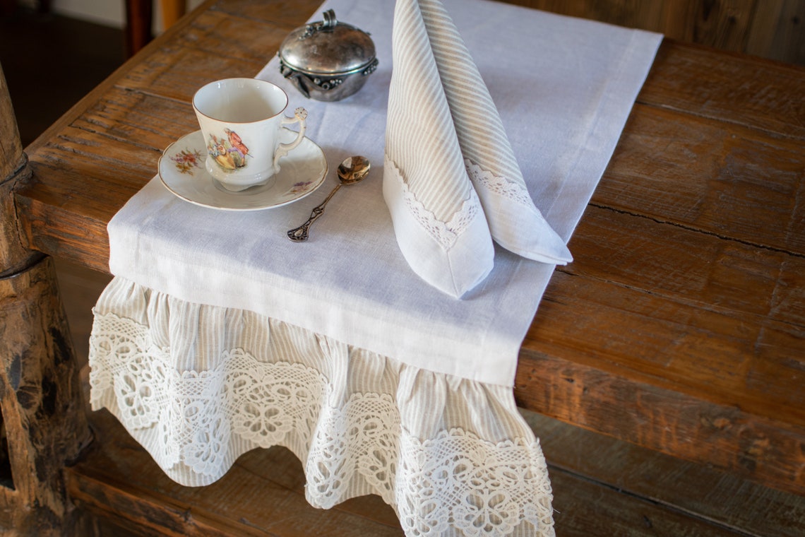 Romantic White Linen Table Runner With Ruffle and Wide Lace. - Etsy