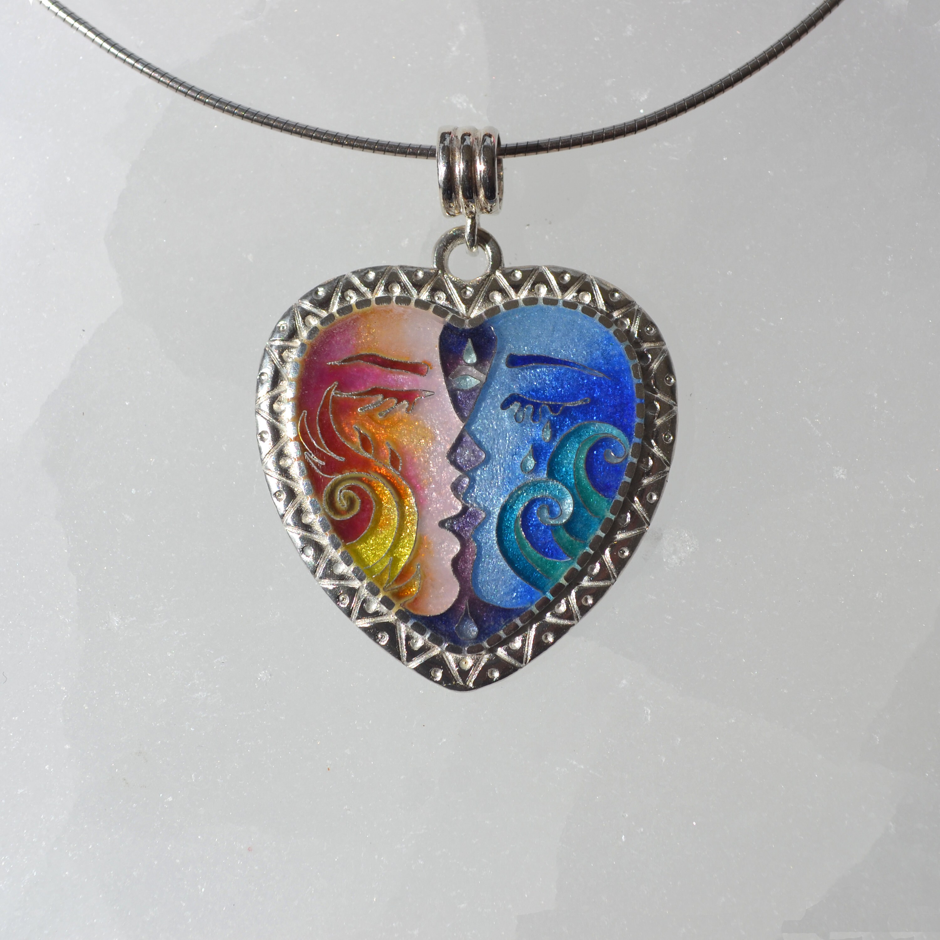 Heart Enamel Pendant, Kiss Silver Necklace, Enamel Cloisonné Pendant ...