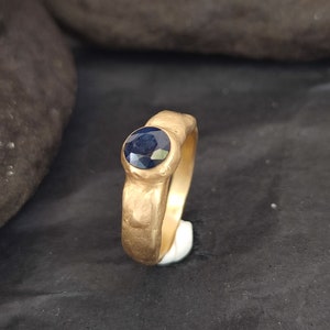 18k Gold Dark Blue Sapphire Ring, Thick Melted Gold Ring, Blue Gemstone Gold Ring, Women's ...