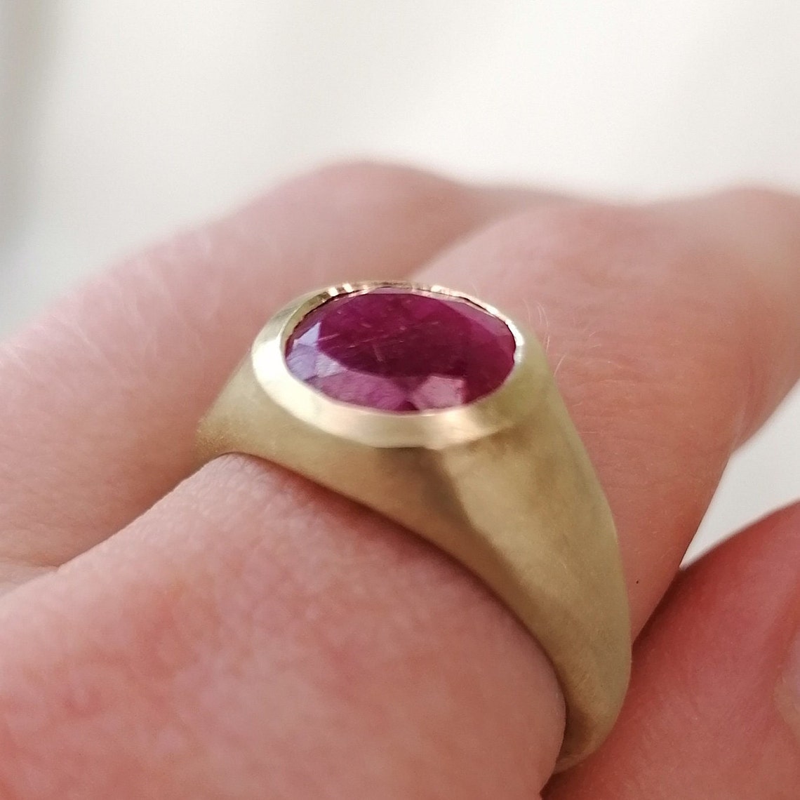 Red Ruby Statement Ring for Men, 18K Gold Signet Ring, Translucent Ruby ...