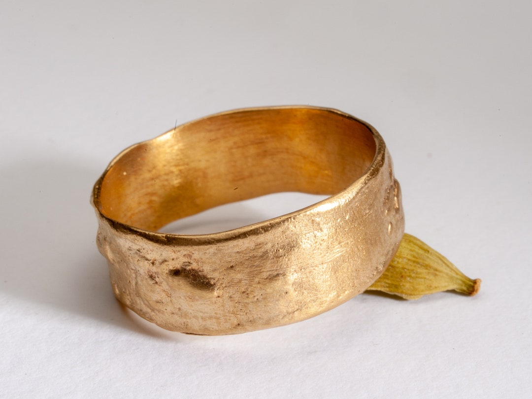 18k Wide Gold Ring for Men, Textured Gold Wedding Band, Handmade Gold ...