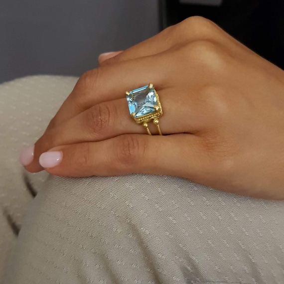 Unique Blue Topaz Ring for Women Square London Blue Topaz | Etsy