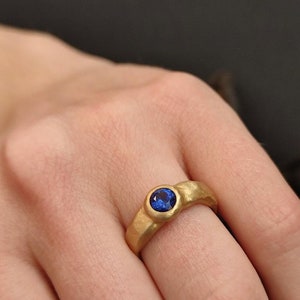 18k Gold Dark Blue Sapphire Ring, Thick Melted Gold Ring, Blue Gemstone Gold Ring, Women's ...