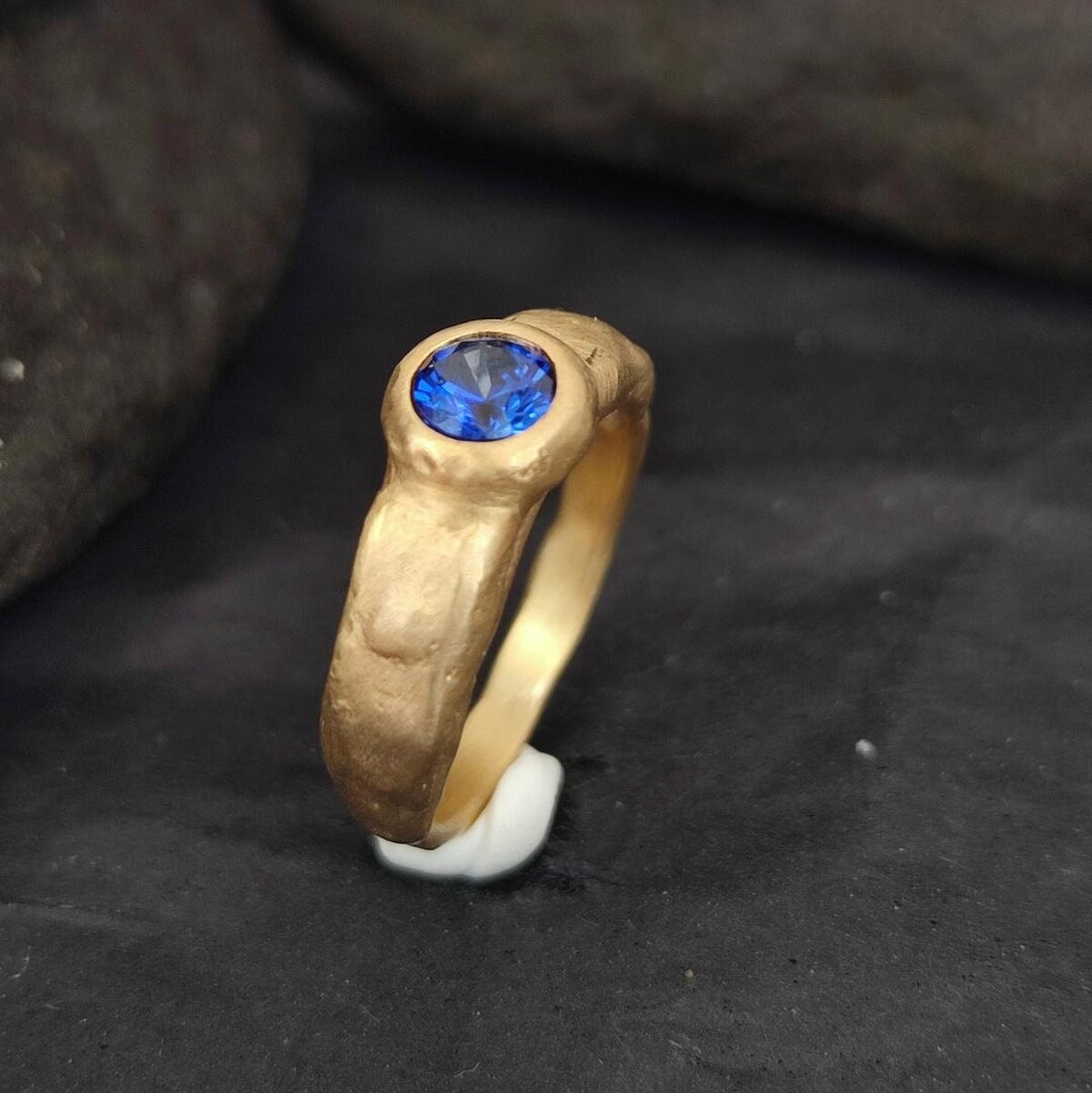Dark Blue Sapphire Ring, Thick Rustic Gold Ring, 18K Gold Ring With Deep Blue Gemstone, Women's ...