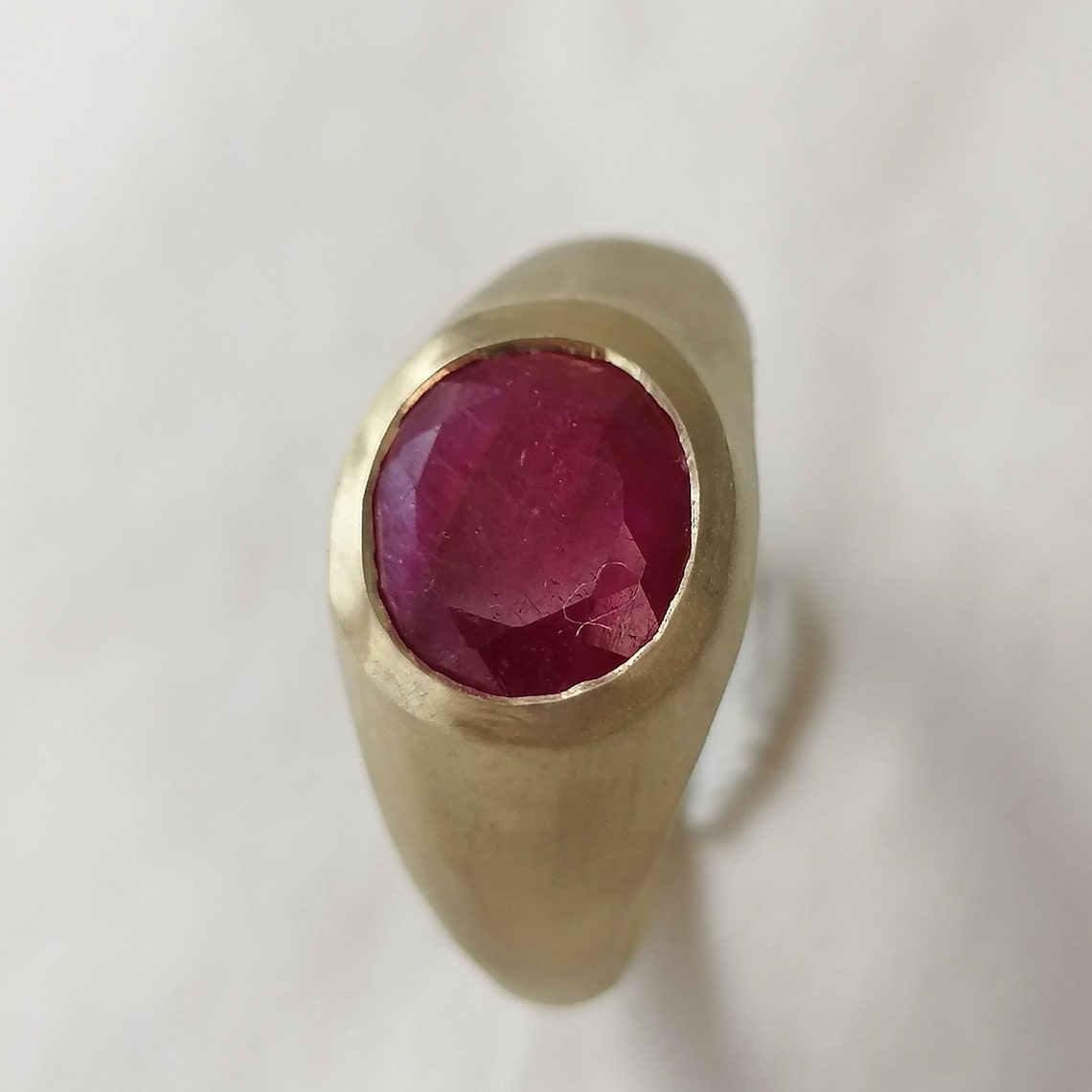 Red Ruby Statement Ring for Men, 18K Gold Signet Ring, Translucent Ruby ...
