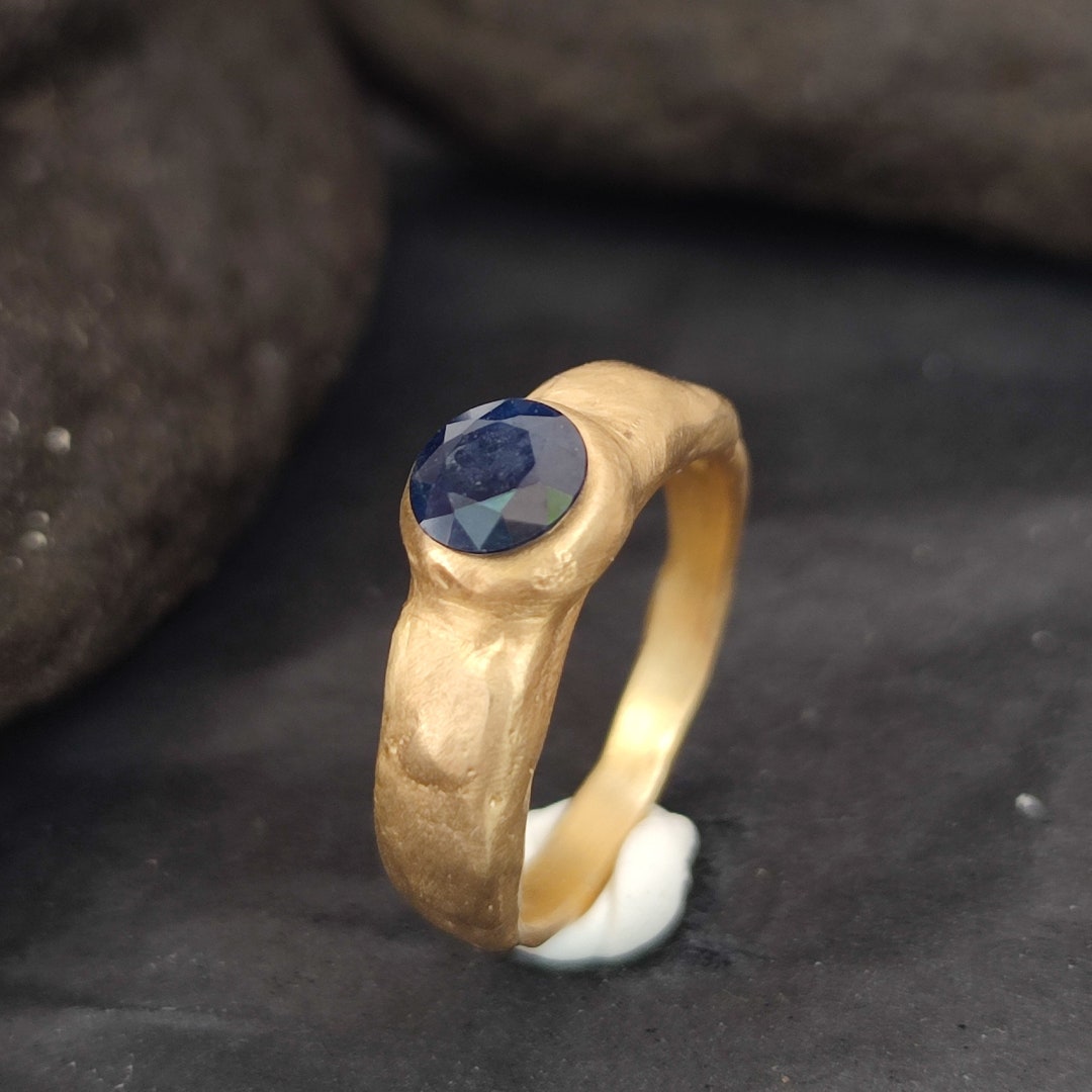 18k Gold Dark Blue Sapphire Ring, Thick Melted Gold Ring, Blue Gemstone Gold Ring, Women's ...