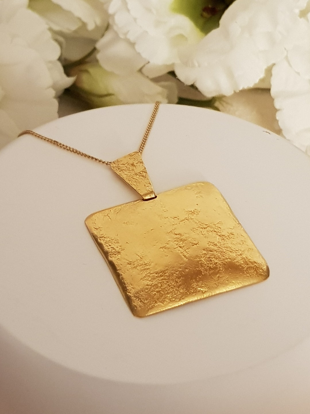 Long Rectangle Gold Pendant Necklace, Square Rustic Pendant, Delicate ...