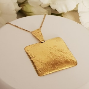 Long Rectangle Gold Pendant Necklace, Square Rustic Pendant, Delicate ...