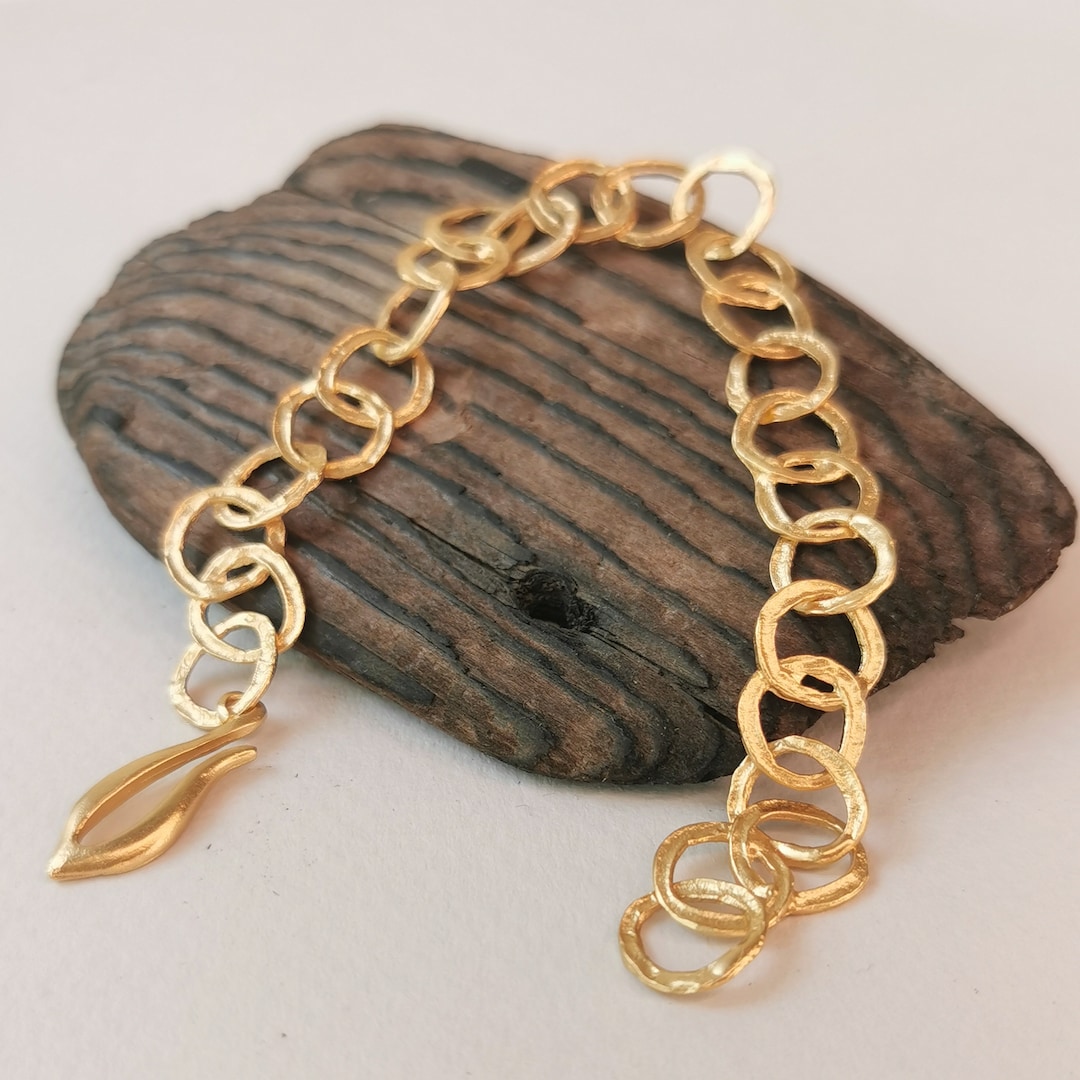 18k Yellow Gold Chain Link Bracelet, Women's Textured Gold Link ...