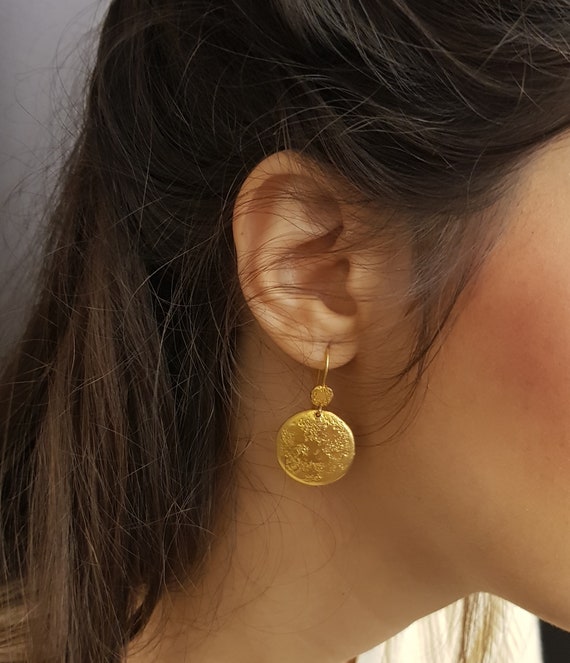 Hammered gold drop earrings store