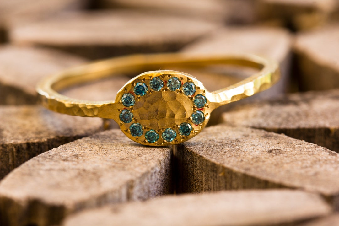 Hammered Gold Engagement Ring, 14k Boho Gold Ring, Unique Diamond, Blue ...