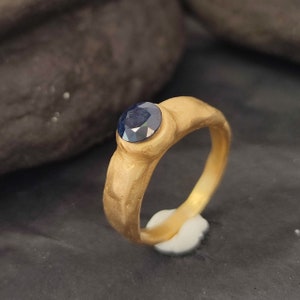 18k Gold Dark Blue Sapphire Ring, Thick Melted Gold Ring, Blue Gemstone Gold Ring, Women's ...