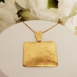 Long Rectangle Gold Pendant Necklace, Square Rustic Pendant, Delicate ...