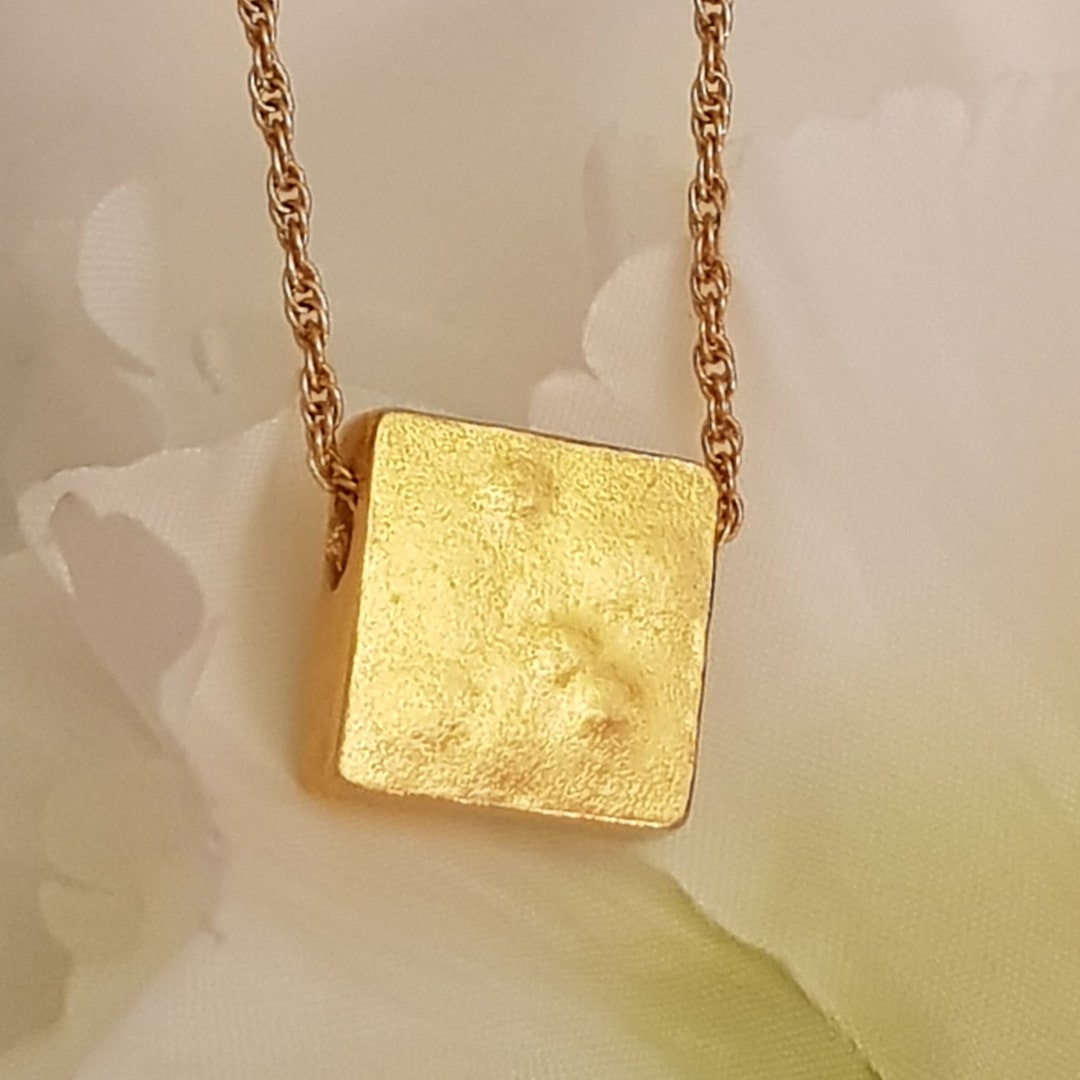 Gold Cube Necklace, Hammered Box Pendant, Gold Rectangle Bridesmaid ...