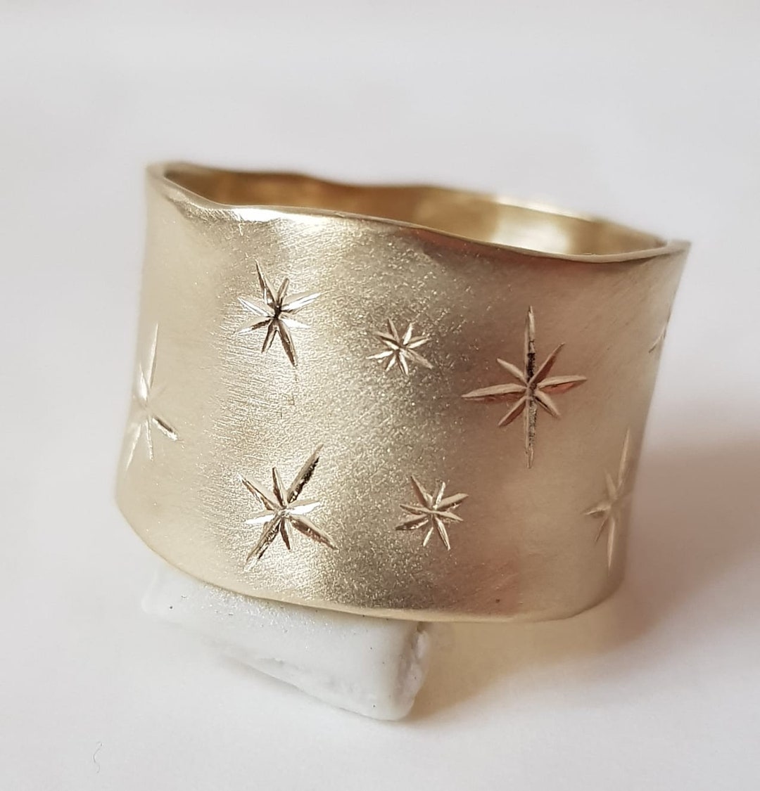 Celestial 18k Gold Ring Engraved With Stars, Wide Organic Matte 18K ...