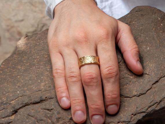 14K Gold Ring for Men Hammered Gold Wedding Band 9 10mm Wide Gold Ring 2 Mm Thick Textured Organic Gold Ring Statement Gold Ring Etsy