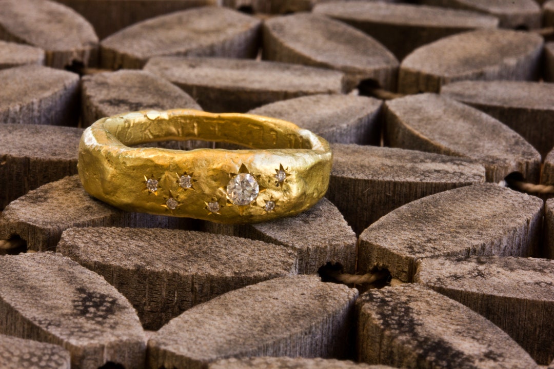 Hammered Gold Diamond Wedding Ring, Handmade Gold Ring, Textured 18k ...