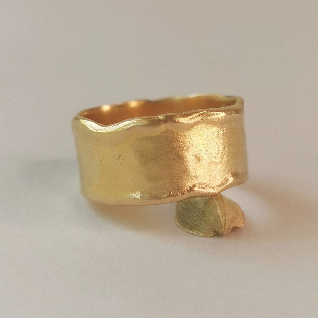 Wide 18k Solid Gold Cigar Band Ring, Raw Organic Ancient Melted Gold ...