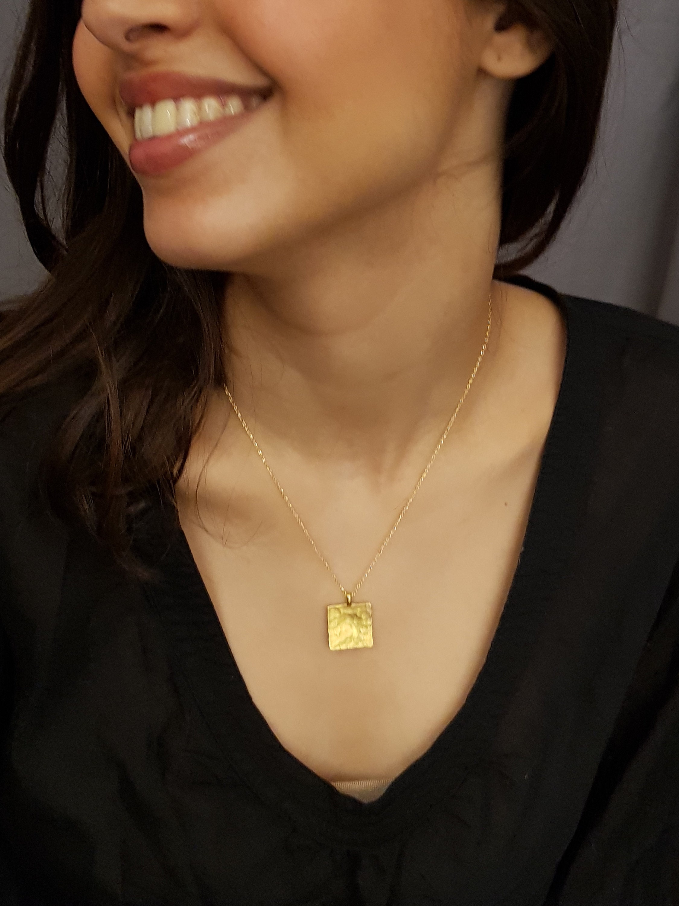 Large Hammered Gold Rectangle Square Necklace Simple | Etsy