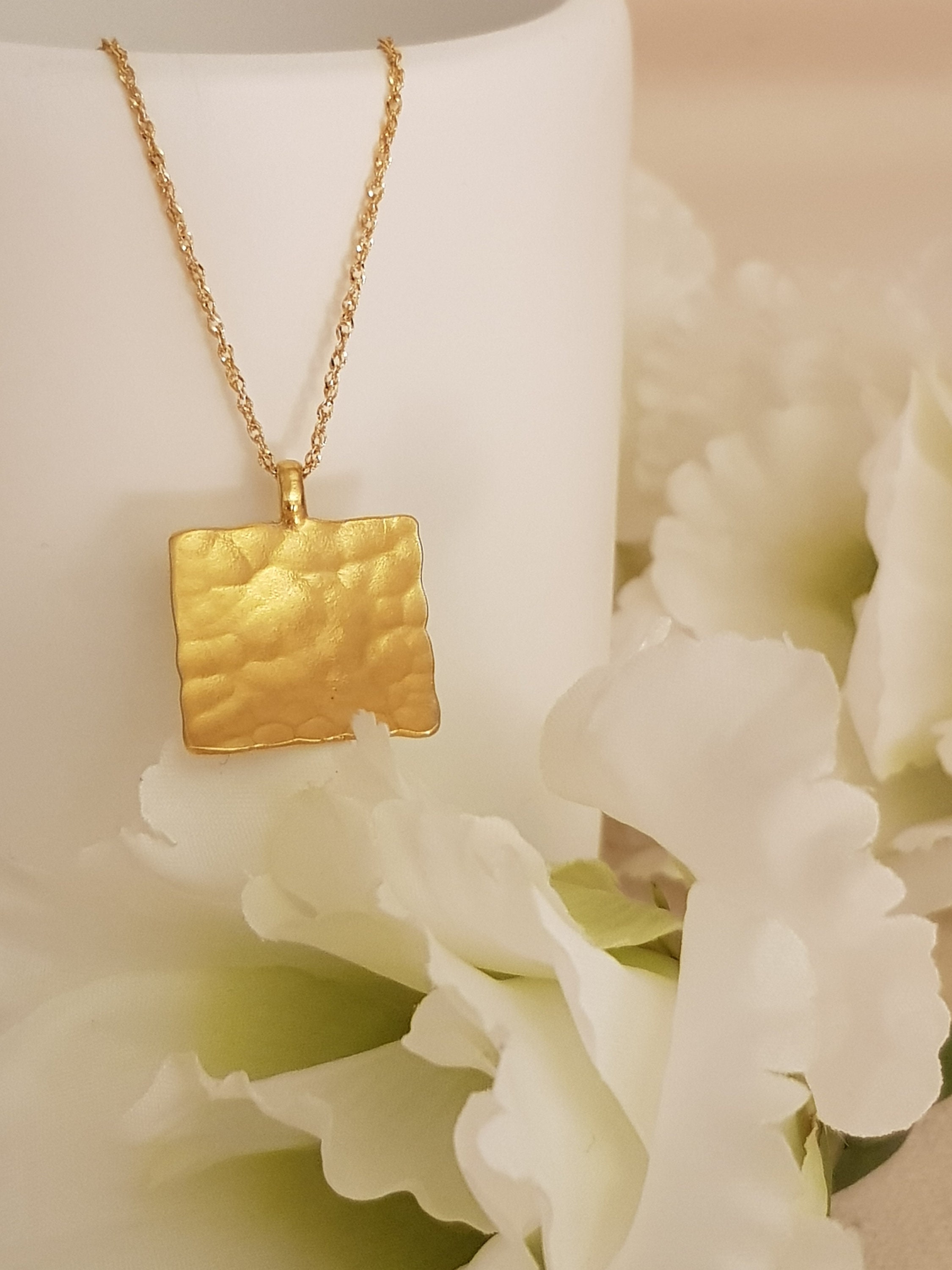 Large Hammered Gold Rectangle Square Necklace Simple - Etsy