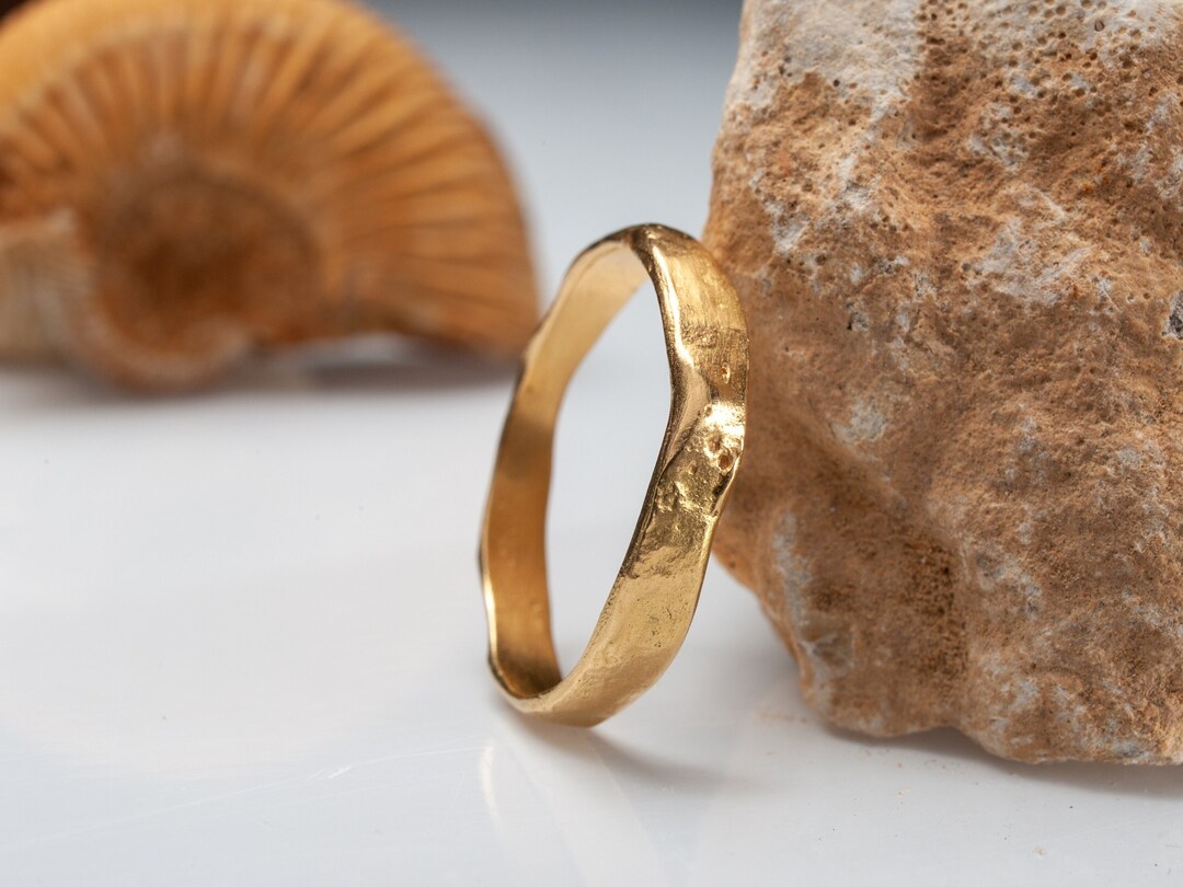 Slim 14k Gold Wedding Ring, 14k Rough Hammered Gold Ring, Israeli Gold ...