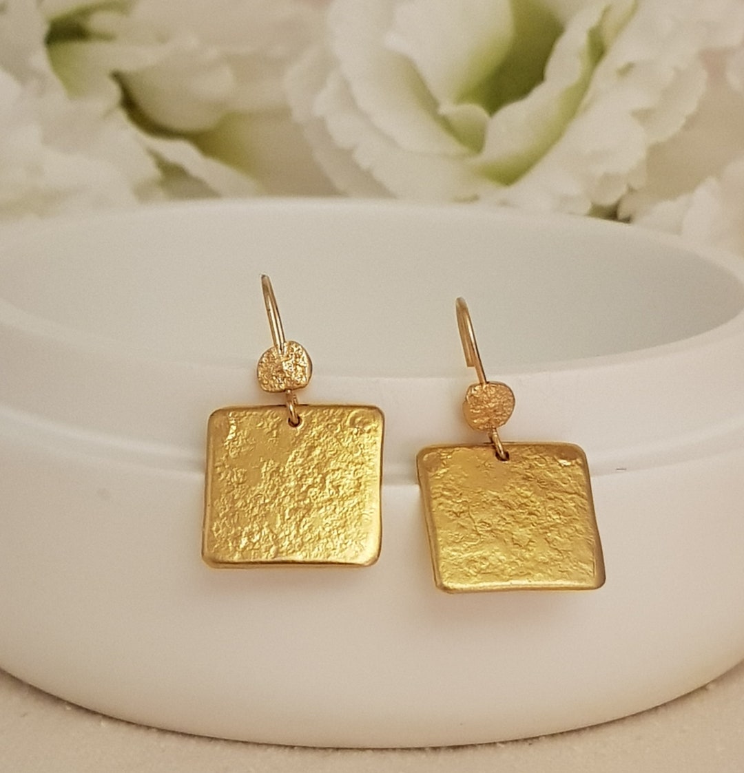 Square Textured Gold Dangle Earrings - Rustic Minimalist Drop Earrings ...