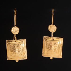 14k Gold Ethnic-style Engraved Earrings, Small Flat Square Dangle Earrings, Ancient Carved Gold ...