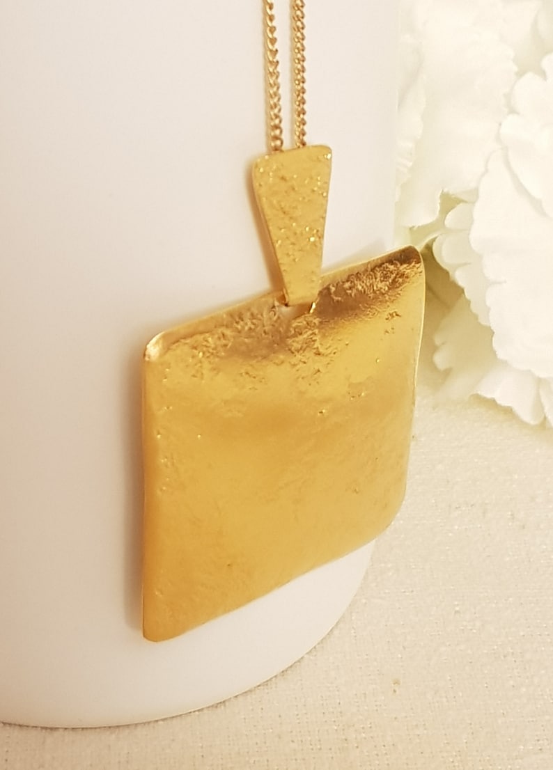 Long Rectangle Gold Pendant Necklace Square Rustic Pendant - Etsy