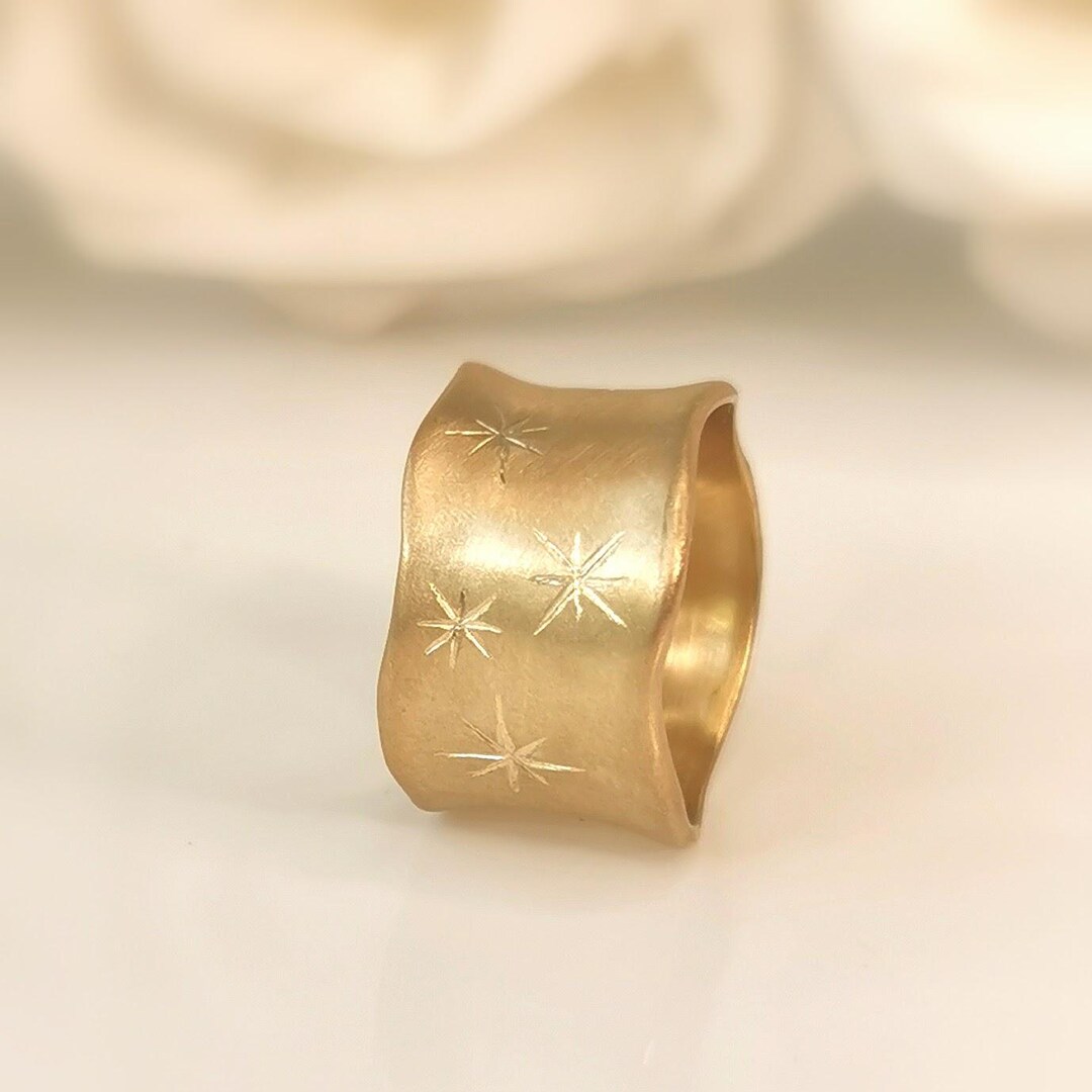 Gold Celestial Star Engraved Ring 14mm Width, Textured Gold Cigar Band ...