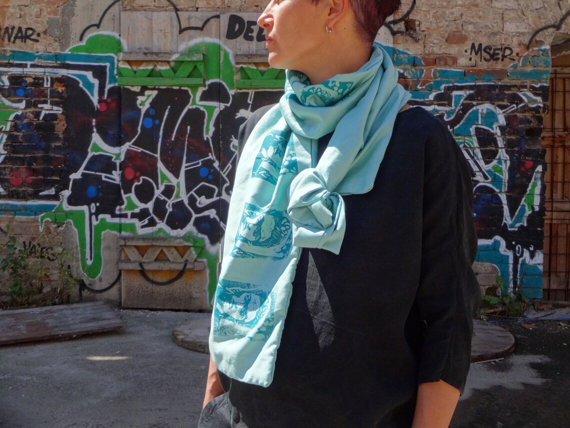 Mint Scarf Satin Scarf Gift for Her Hand Printed Frida Kahlo - Etsy