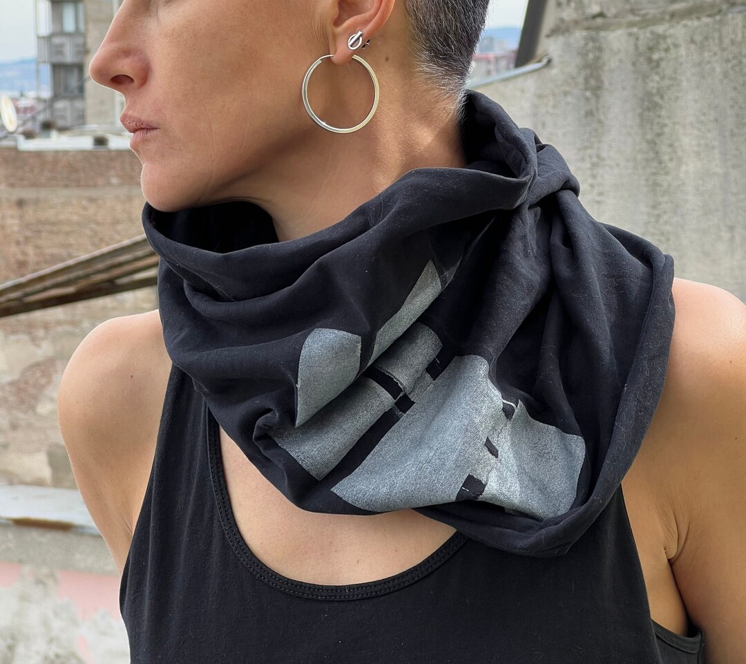 Black Scarf/tube Scarf/ Hand Printed Scarf Minimalist/ Simple Black ...