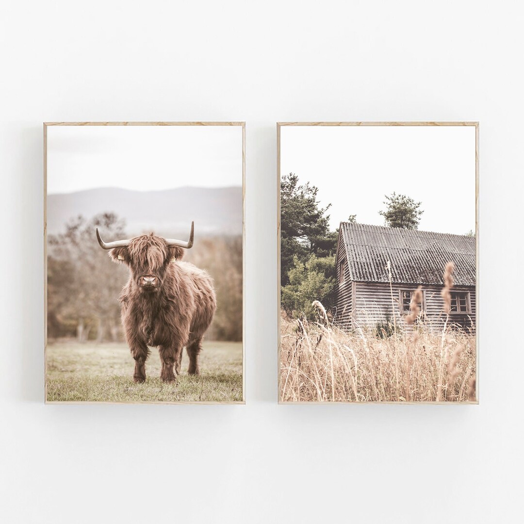 Farmhouse Highland Cow Print Set, Rustic Landscape (digital Download ...